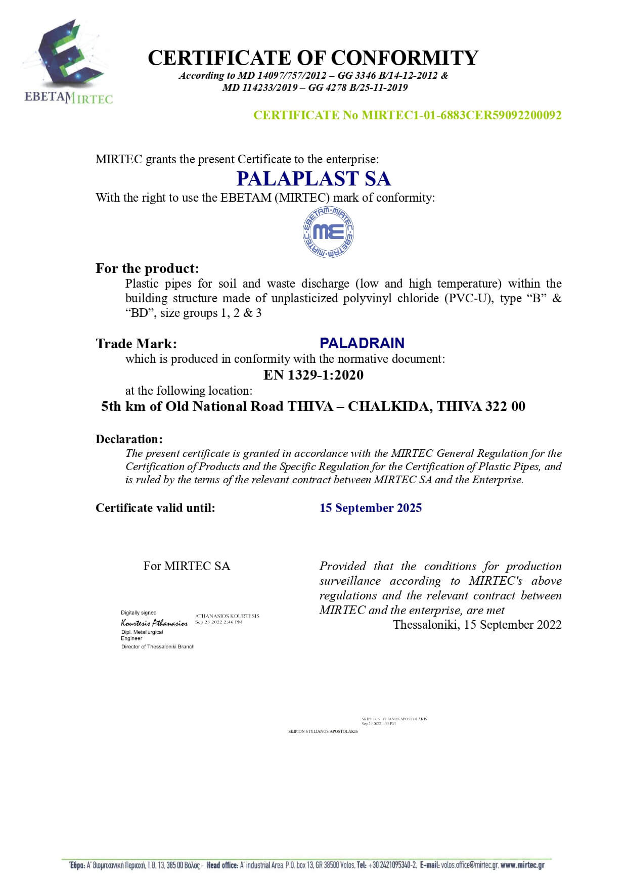 PALAPLAST 1329 ΠΙΣΤΟΠΟΙΗΤΙΚΟ ΣΥΜΜΟΡΦΩΣΗΣ E N - Palaplast